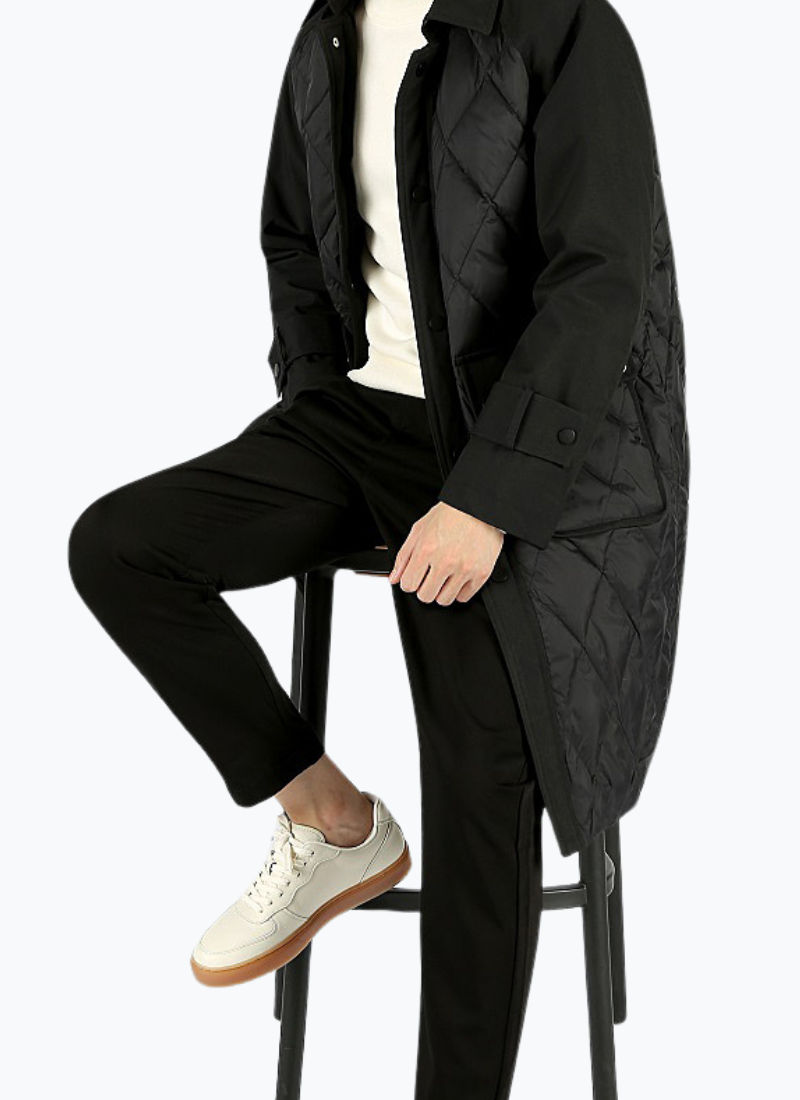 Trench long homme quilté noir col chemise